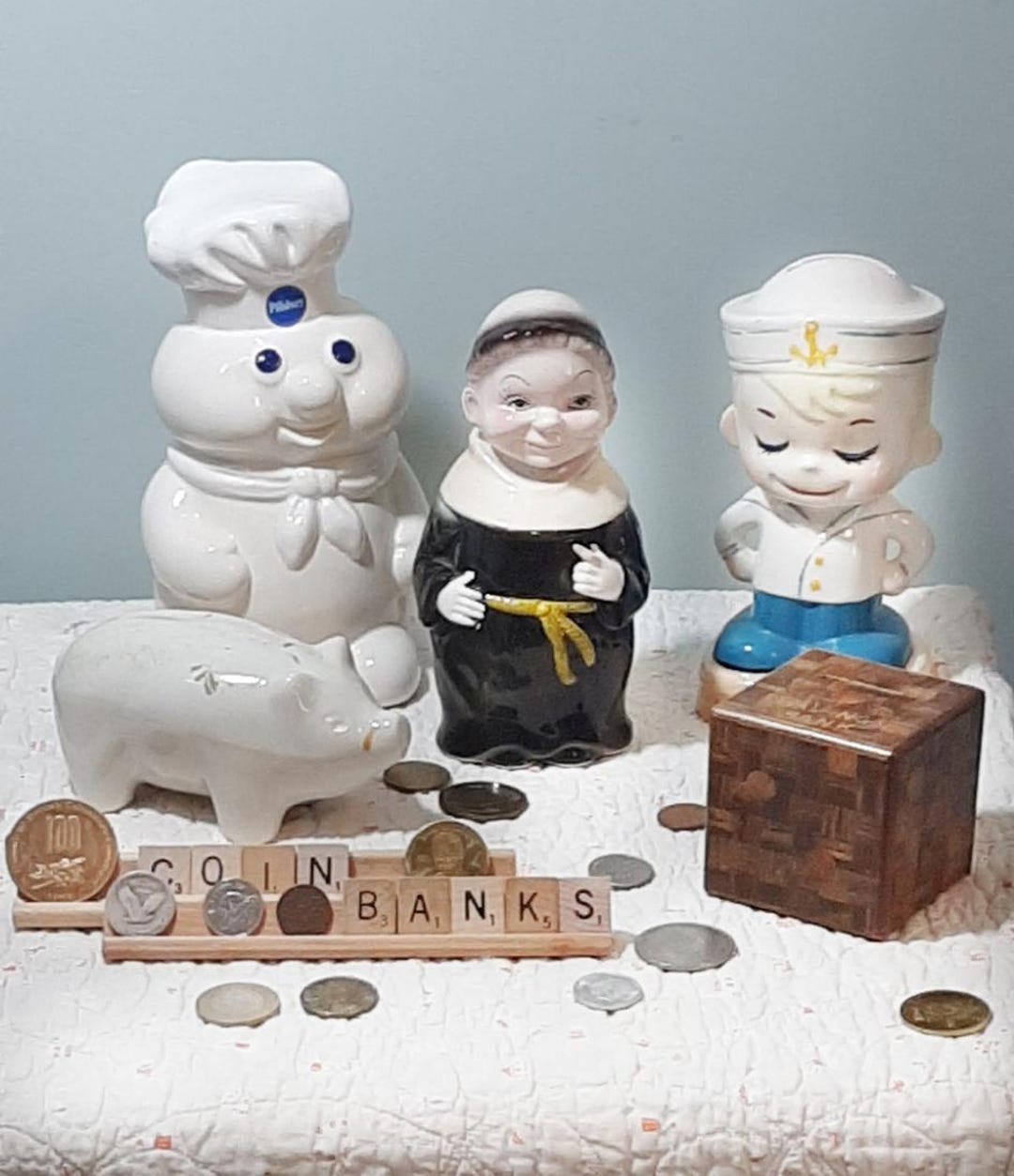 5 Unique Piggy Banks Collectable Coin Banks Sailor Bank Pillsbury Dough ...