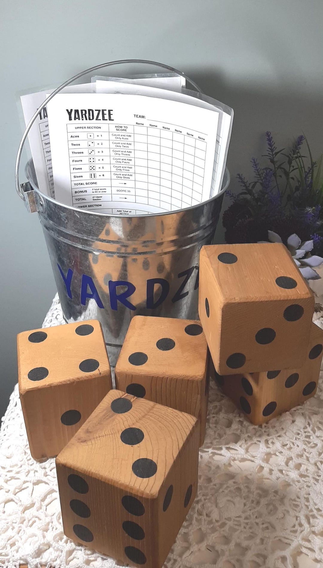 Yardzee Yahtzee Game for Outdoors 5 Wooden Oversized Dice Score Cards ...
