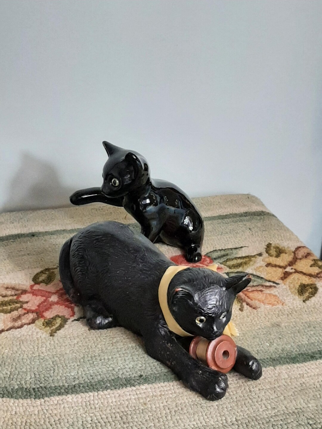 Terracotta Pottery Black Glazed Cats Cat Spool of Thread Playful Cat ...