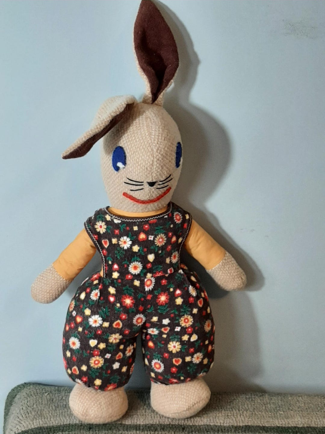 Vintage Homemade Bunny Plush Stuffed Bunny Bunny Flowered Overalls and ...