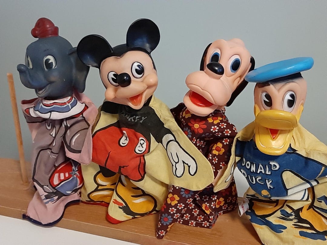 4 Disney Vintage Rubber Head Hand Puppets Mickey Mouse Pluto Dumbo ...