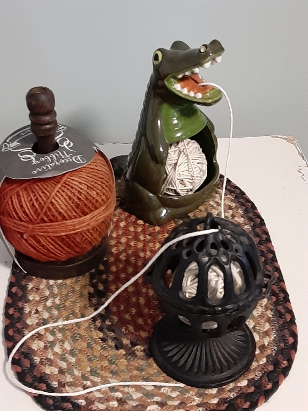 3 Vintage String Holders Dispensers. Ceramic Alligator Cast Iron ...