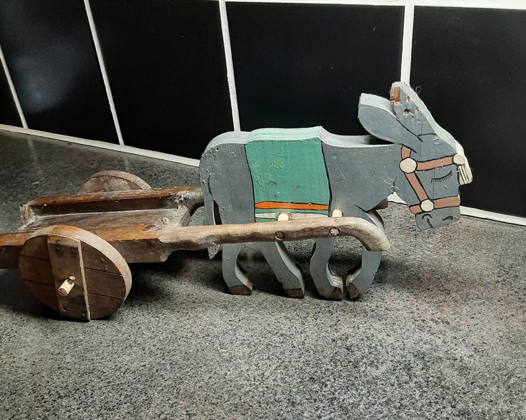 Vintage Hand Painted Folk Art A Vintage Wooden Donkey Pulling a Cart ...