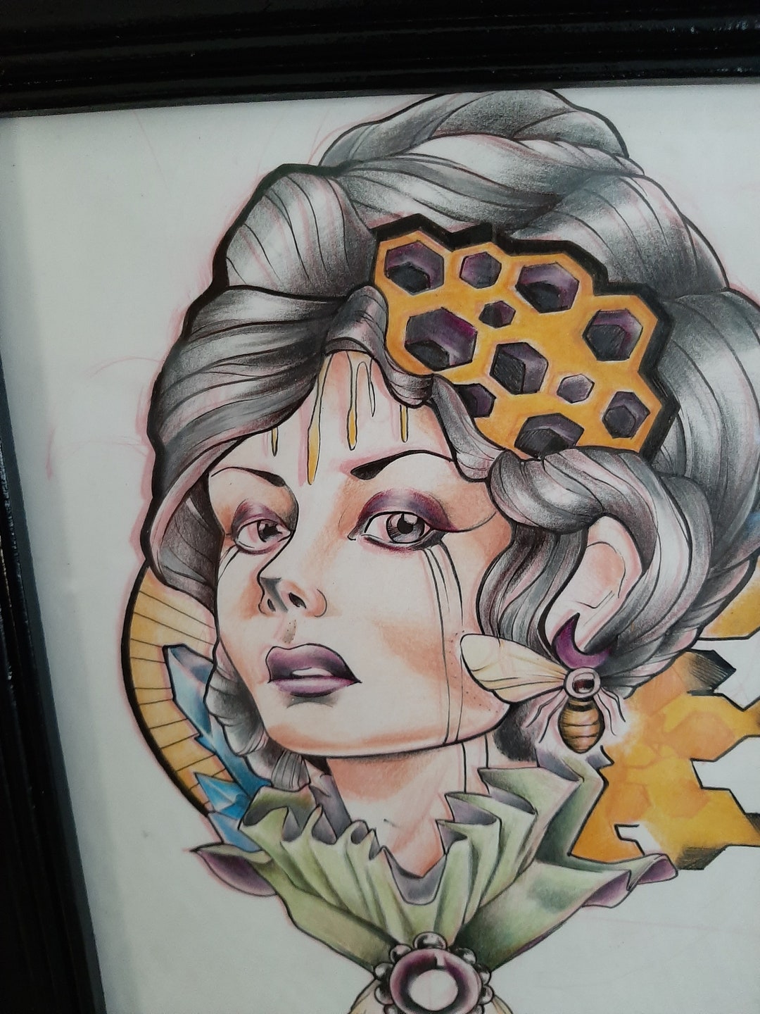 Bee Themed Wall Art Queen Bee Original Colored Pencil Sketch By
