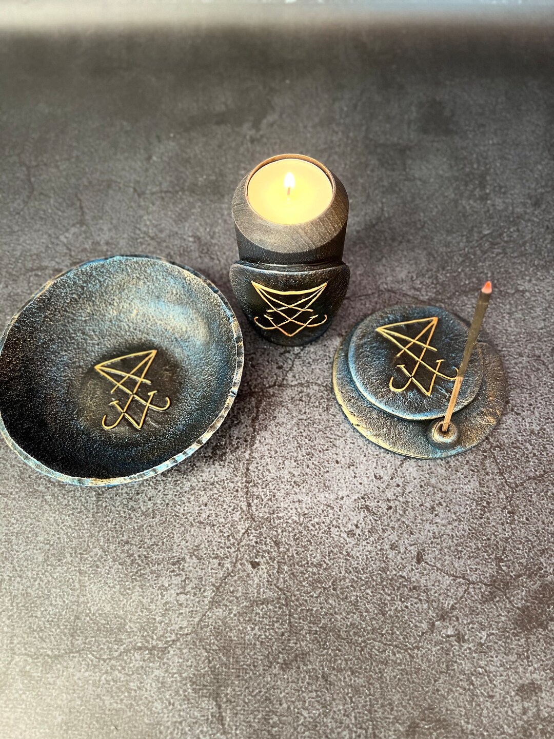 Lucifer Set Altar Offering Bowl Candlesticks Incense Holder Witchcraft ...