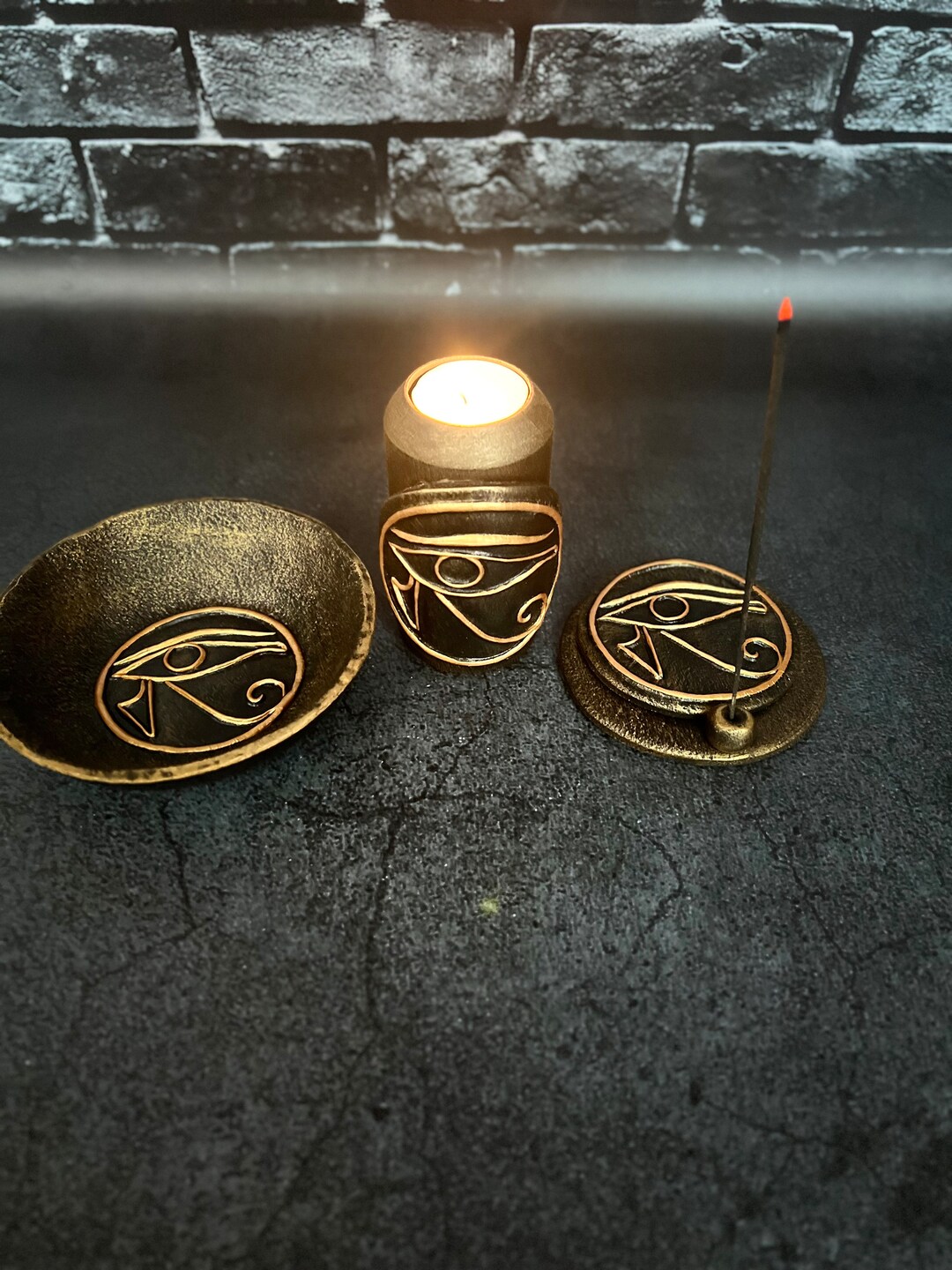 Horus Eye SET Egyptian God Candlestick Offering Bowl Incense Holder ...