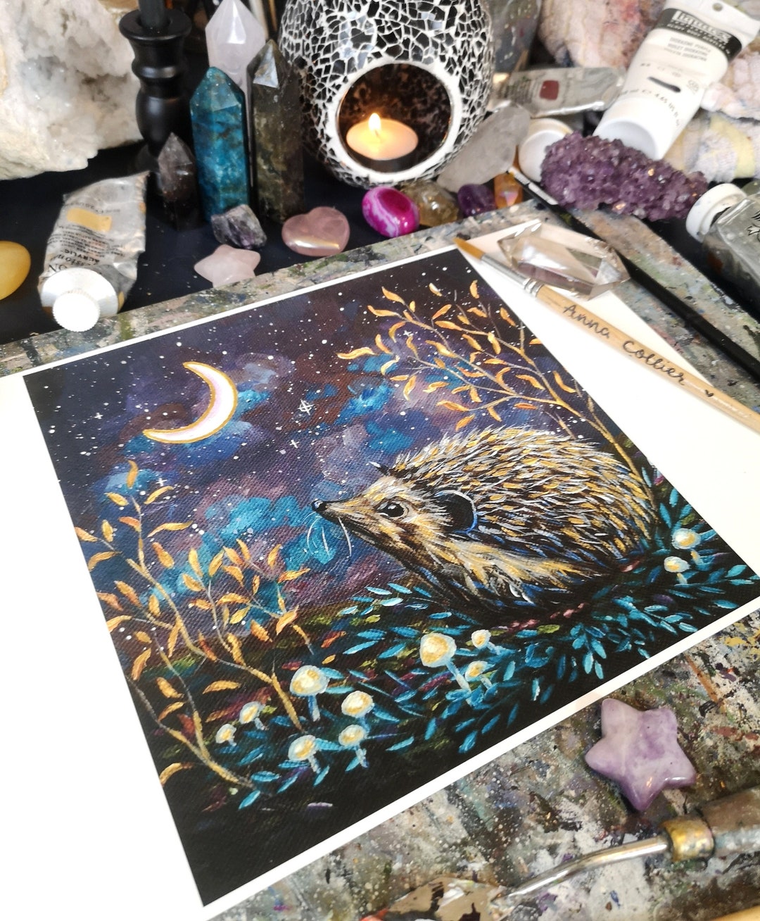 Wondrous Night PRINT, Hedgehog and Crescent Moon, Dreamy, Mushrooms ...
