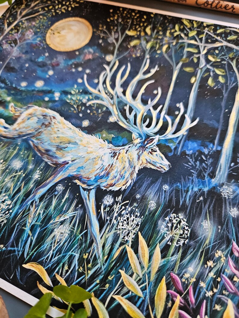 Transcend, PRINT, White Stag and Full Moon, Dreamy Landscape Art ...