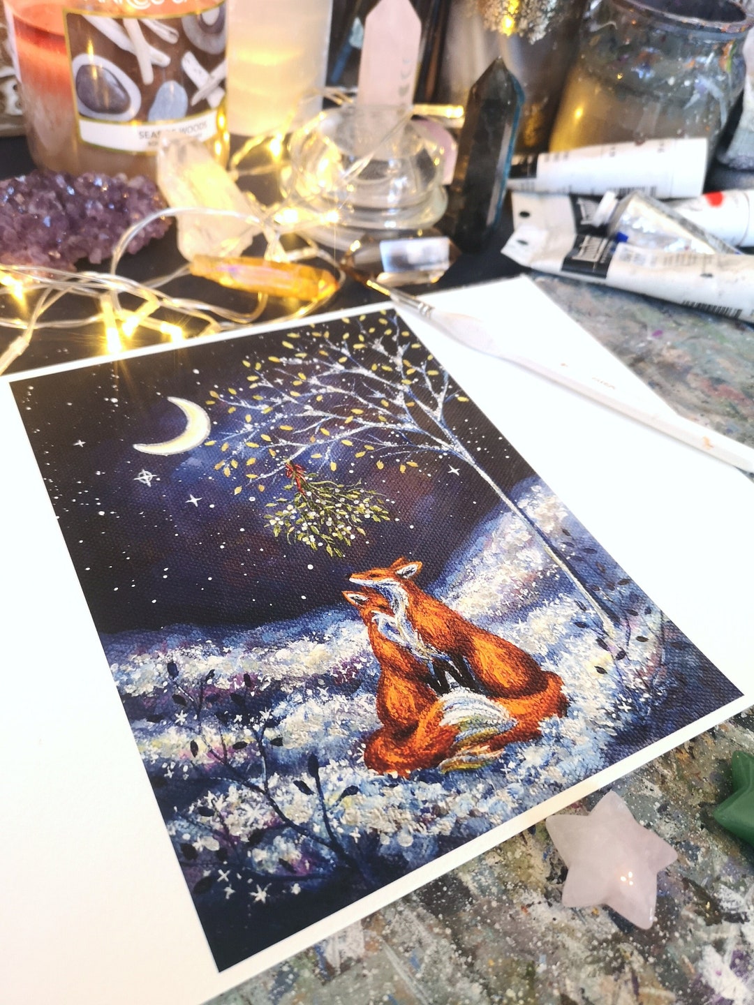 Mistletoe Magic PRINT Cuddling Foxes, Snow, Crescent Moon and Mistletoe ...