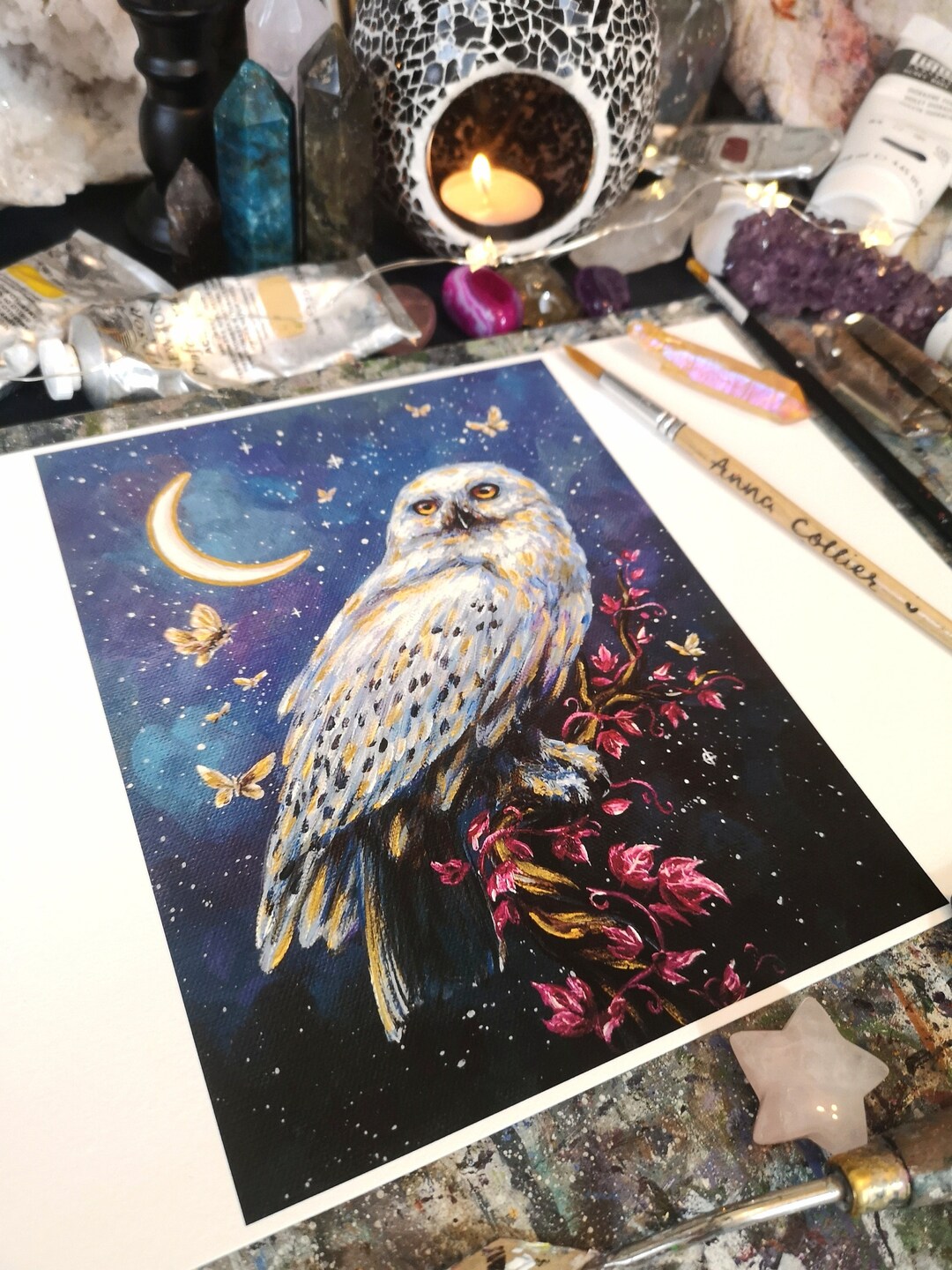 Magic Owl, PRINT, Snowy Owl and Moths, Magical, Celestial, Hand ...