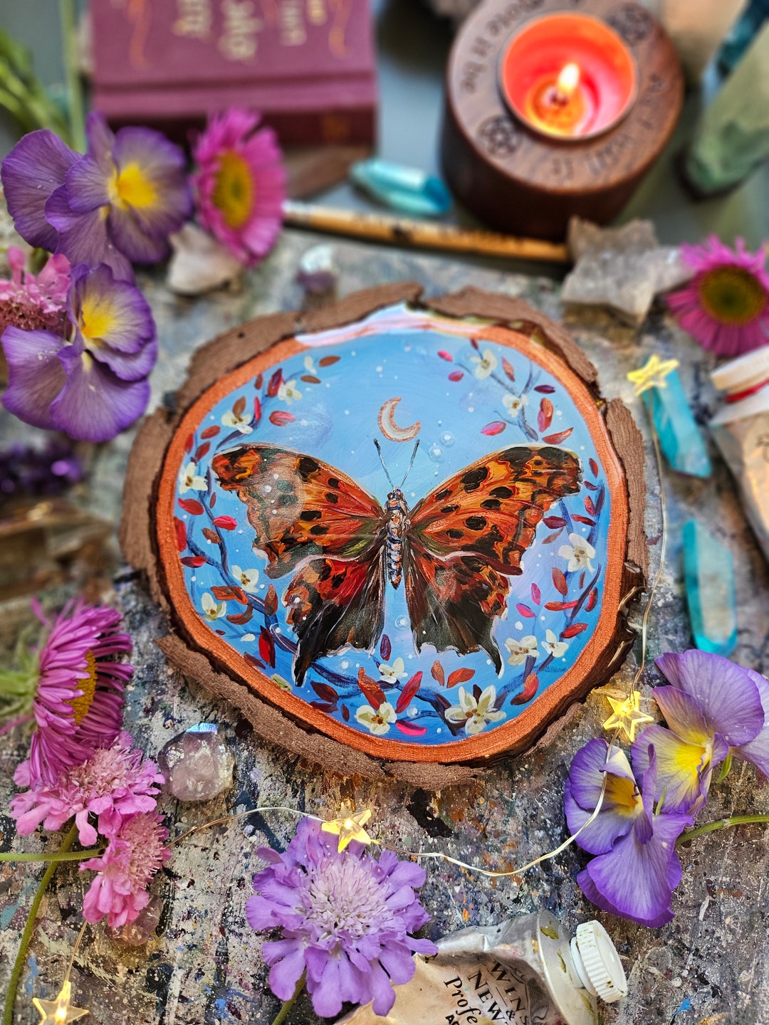 Question Mark, Wood Slice Painting, Butterfly Cottagecore Art, Crescent ...