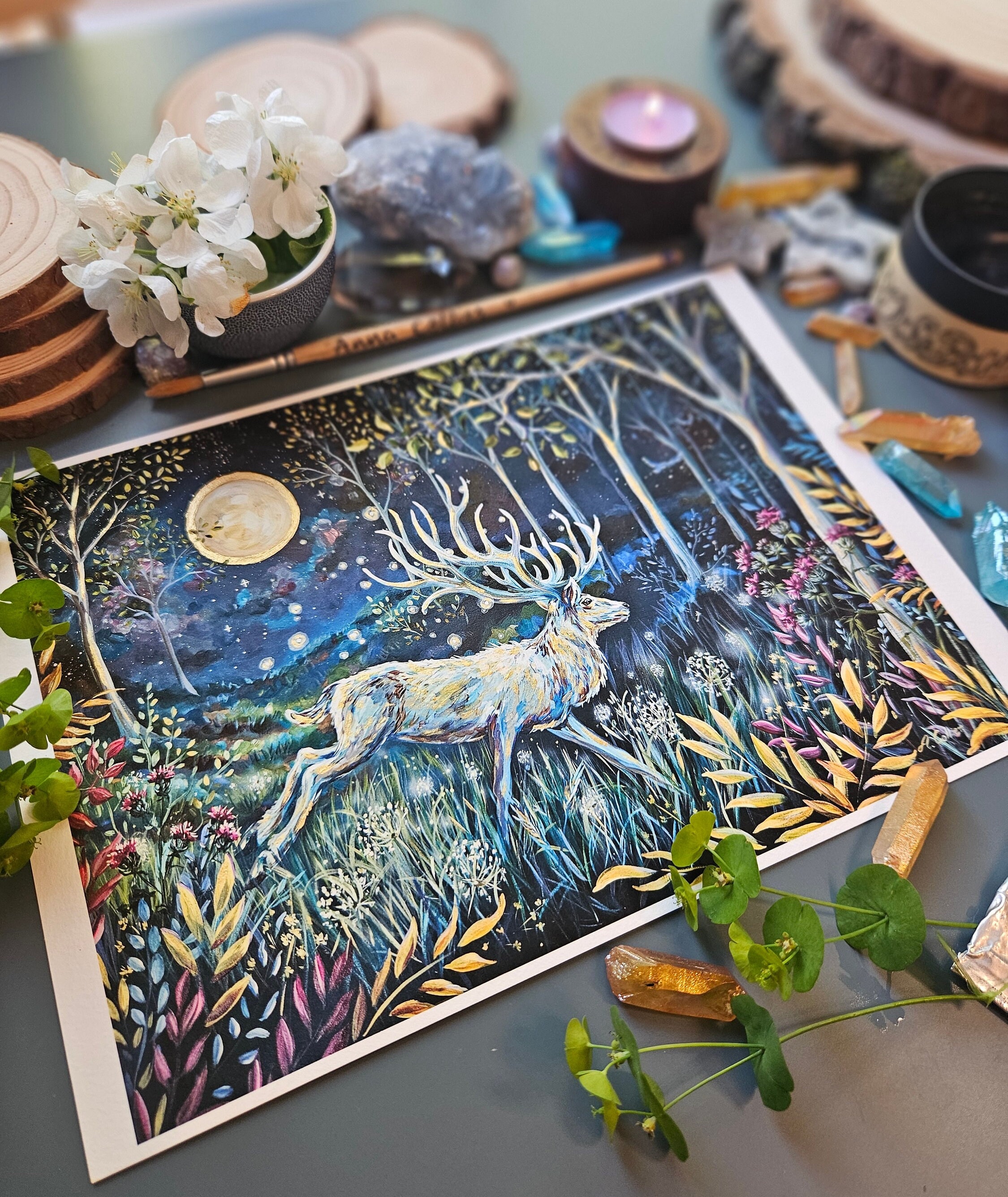 Transcend, PRINT, White Stag and Full Moon, Dreamy Landscape Art ...