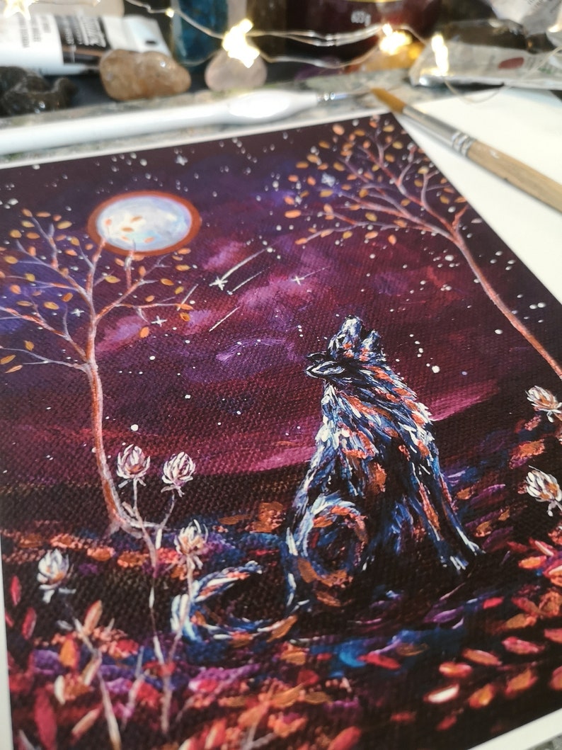 Wolf Moon PRINT, Wolf and Full Moon, Howling, Celestial, Crimson Skies ...