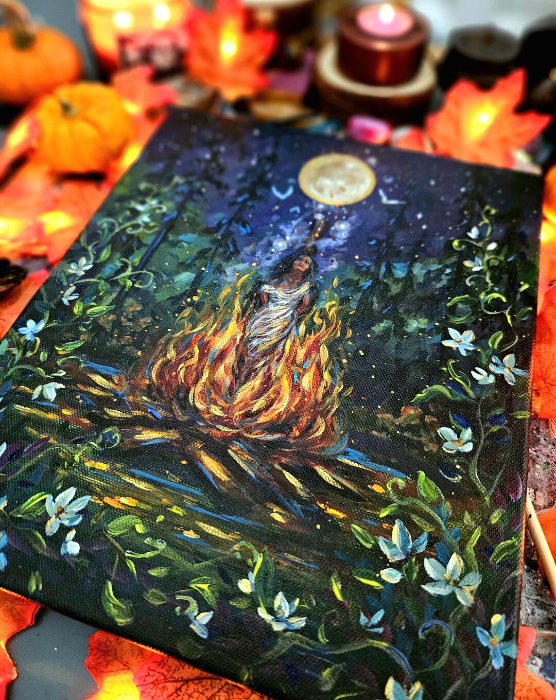 Her Eternal Soul, Original Painting, Burning Witch and Full Moon ...