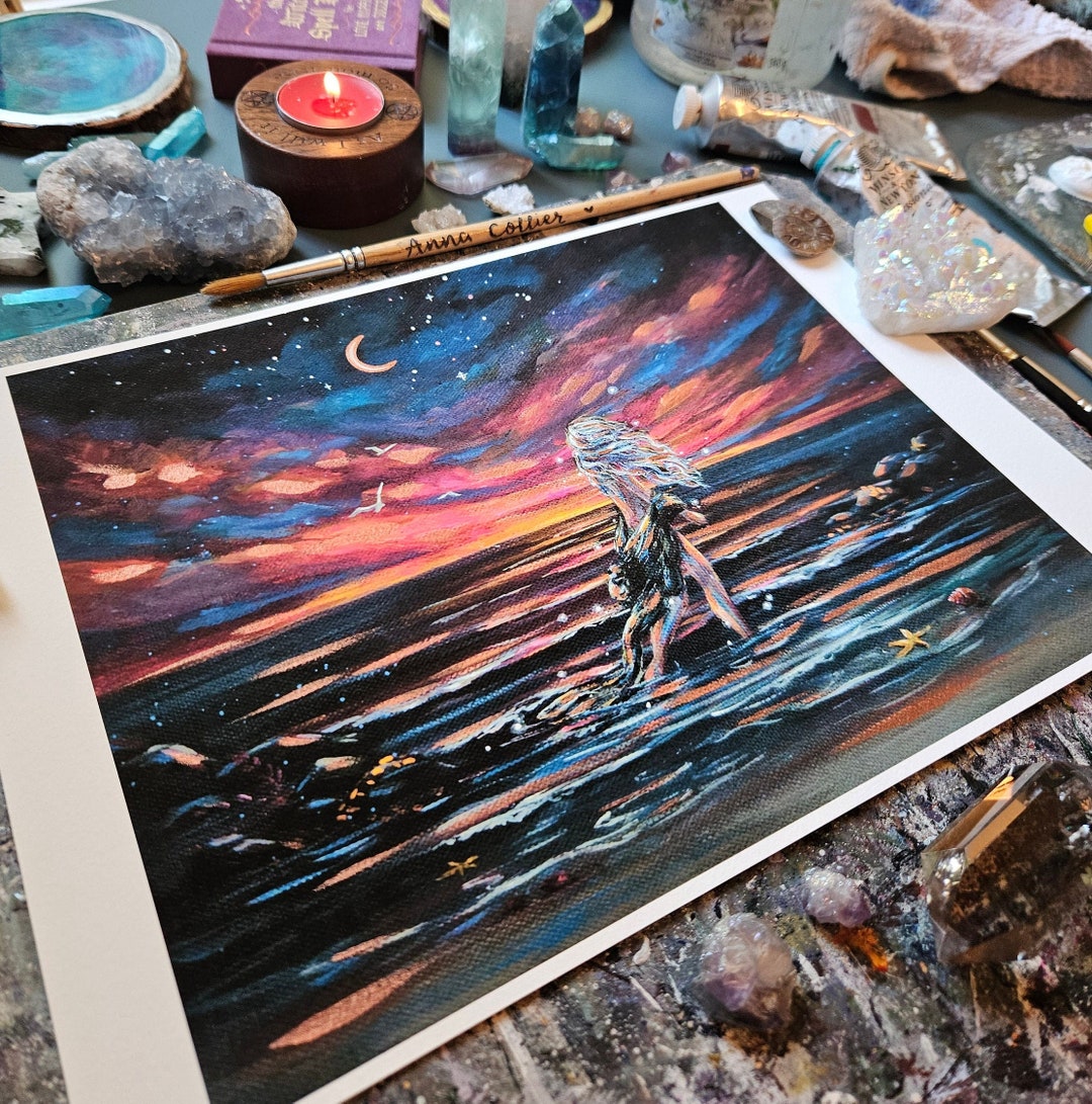 Selkie at Dawn, PRINT, Selkie Folklore, Crescent Moon and Sunrise ...