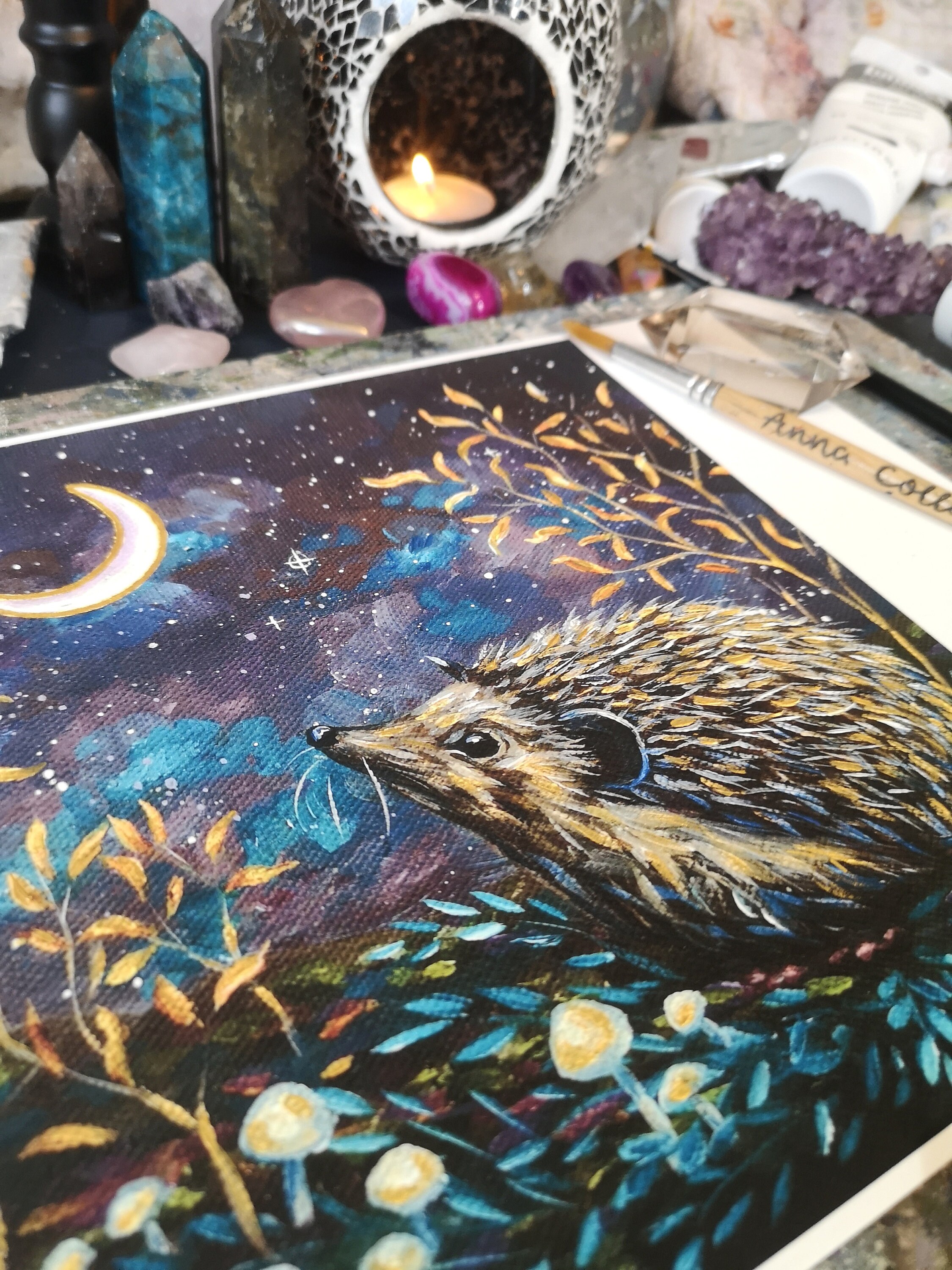 Wondrous Night PRINT, Hedgehog and Crescent Moon, Dreamy, Mushrooms ...