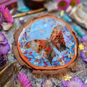 Question Mark, Wood Slice Painting, Butterfly Cottagecore Art, Crescent ...