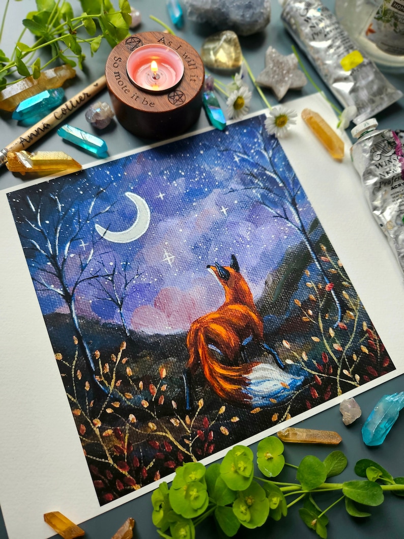 The Nightly Wanderer, PRINT, Fox and Crescent Moon in a Dreamy ...