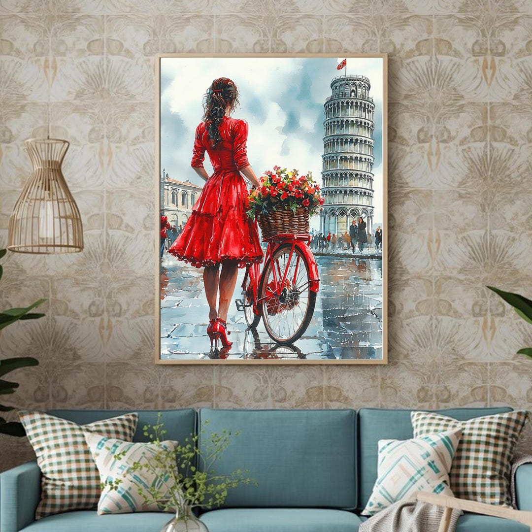 Lady in Red Viewing the Scenery With Her Push Bike Watercolour Wall ...
