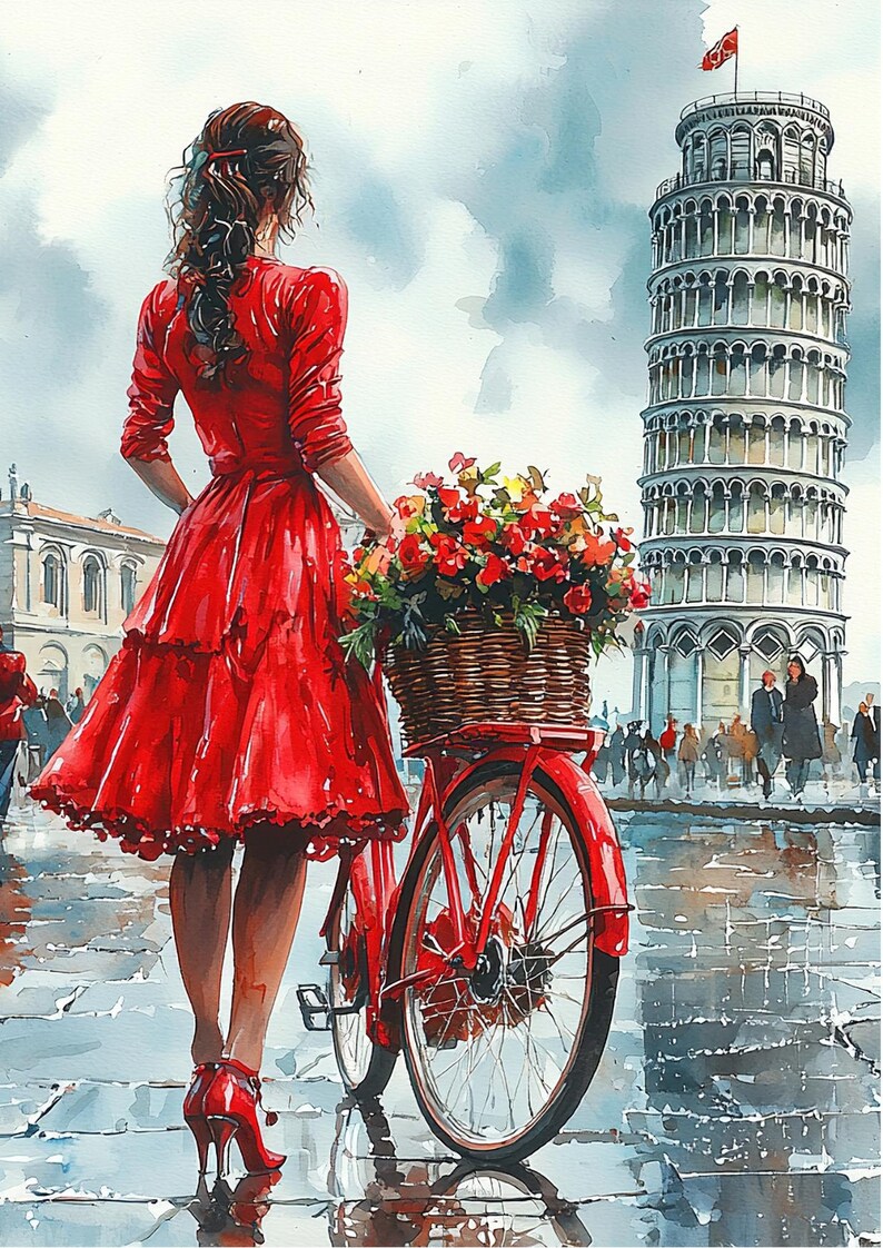 Lady in Red Viewing the Scenery With Her Push Bike Watercolour Wall ...