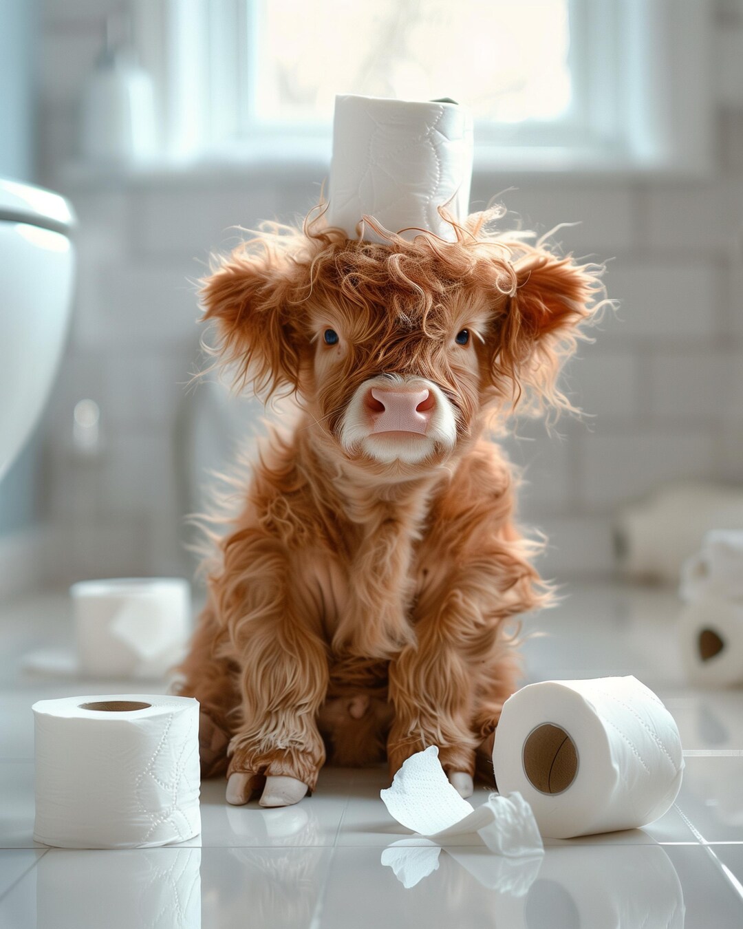 Highland Cow Calf Playing With Toilet Rolls Watercolour Wall Print Art ...
