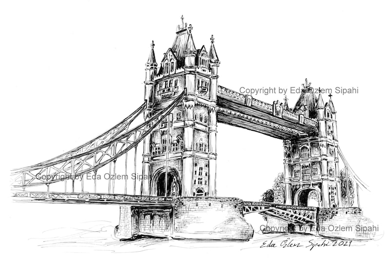 London Bridge, Artwork, Hand Drawing, Ink Pen Drawing, Giclee Print ...