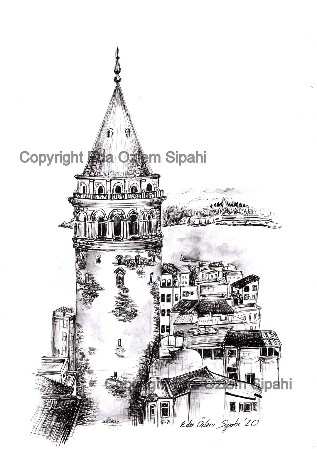 Galata Tower Istanbul Ink Drawing, Architectural Sketch Print (giclee ...
