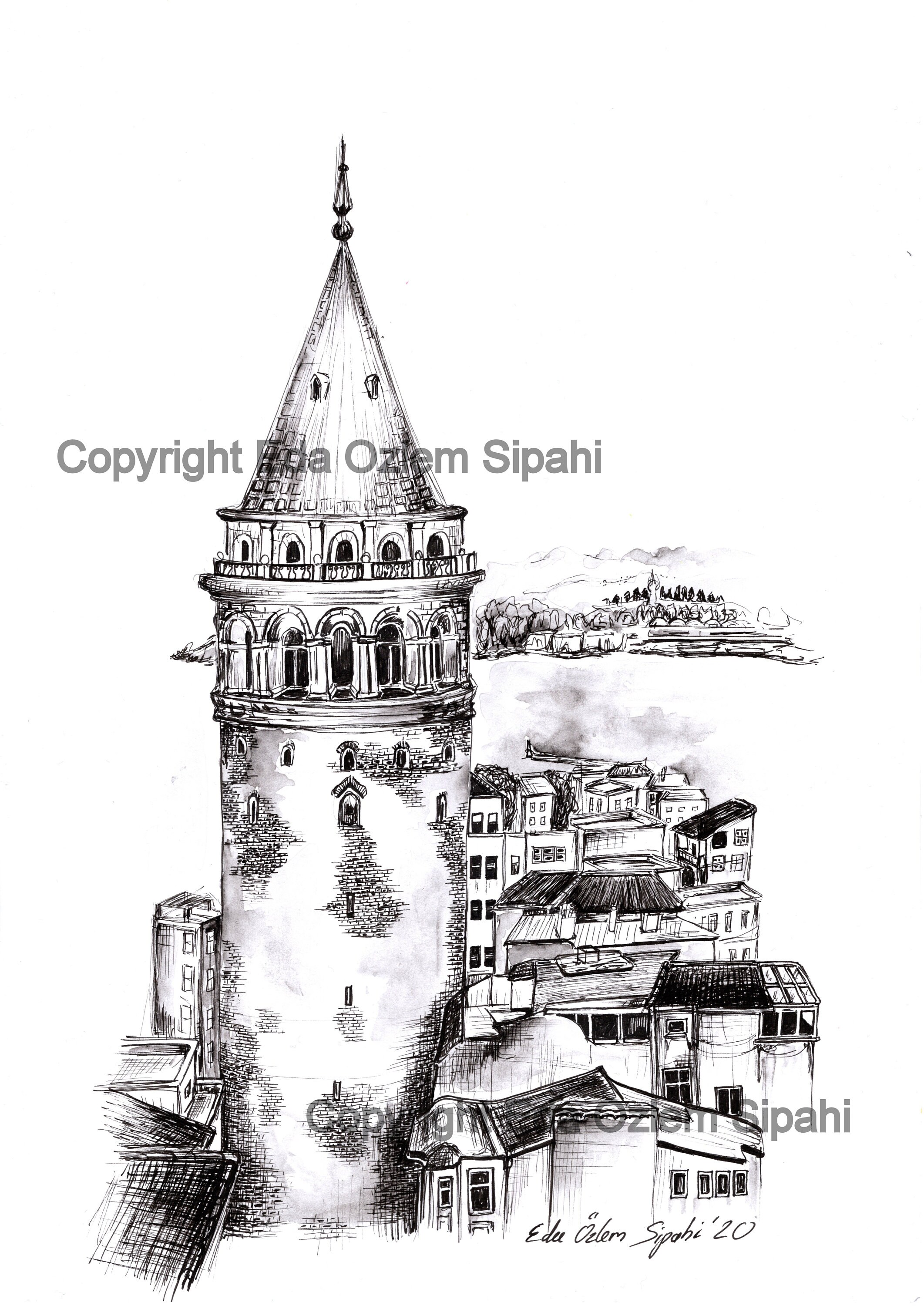 Galata Tower Istanbul Ink Drawing, Architectural Sketch Print (giclee ...