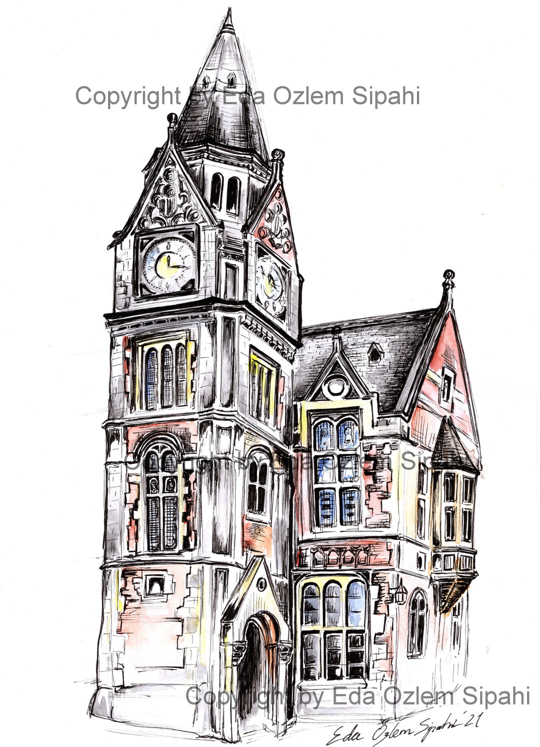 Pembroke College Cambridge Ink Pen Drawing, Watercolor Giclee Print ...