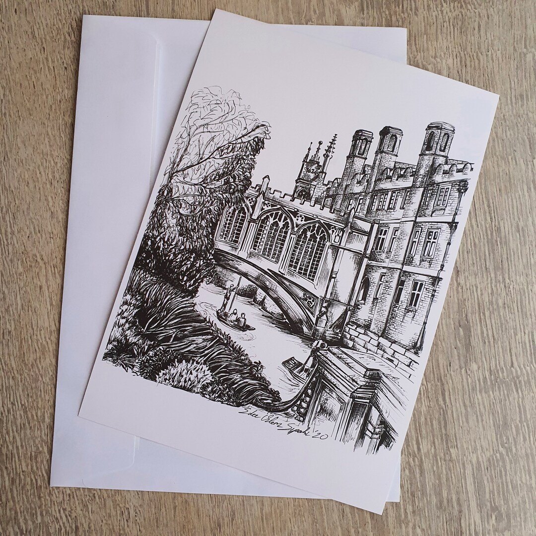 Cambridge Print, Hand Drawn Ink Pen Architectural Postcard - Etsy UK
