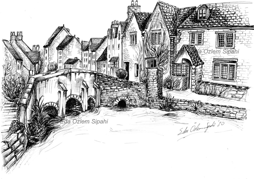 Castle Combe Ink Pen Drawing, Giclee Print, England Artwork (digital ...
