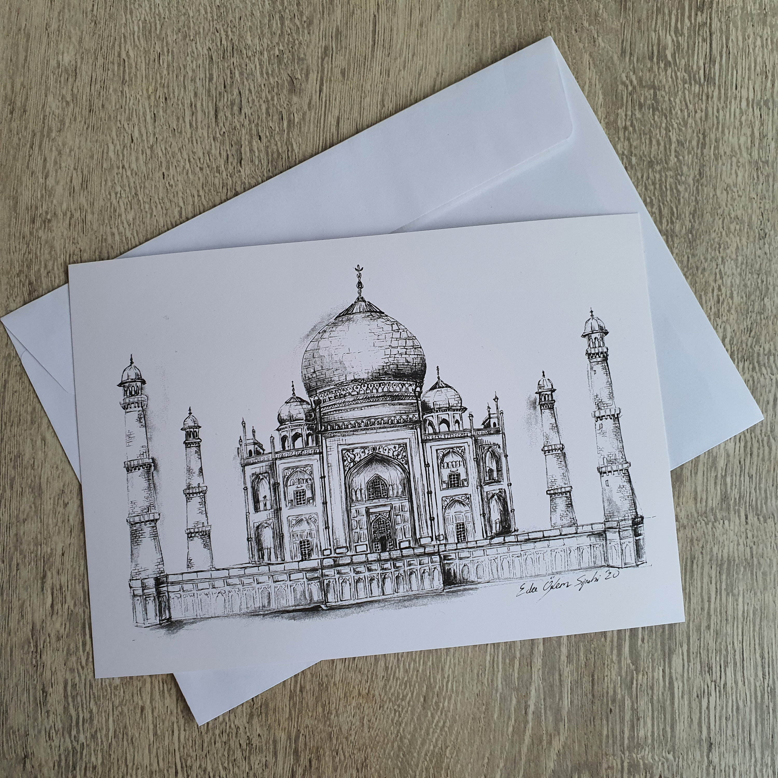 Taj Mahal Postcard, Architectural Postcard, Hand Drawing, Ink Pen ...
