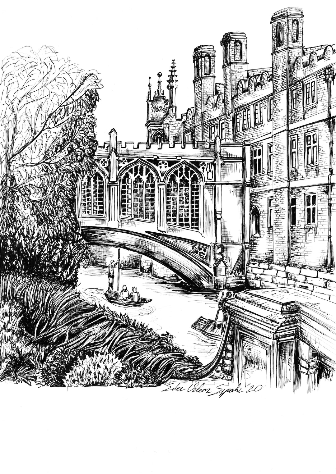 Cambridge, Artwork, Hand Drawing, Ink Pen Drawing, Giclee Print ...