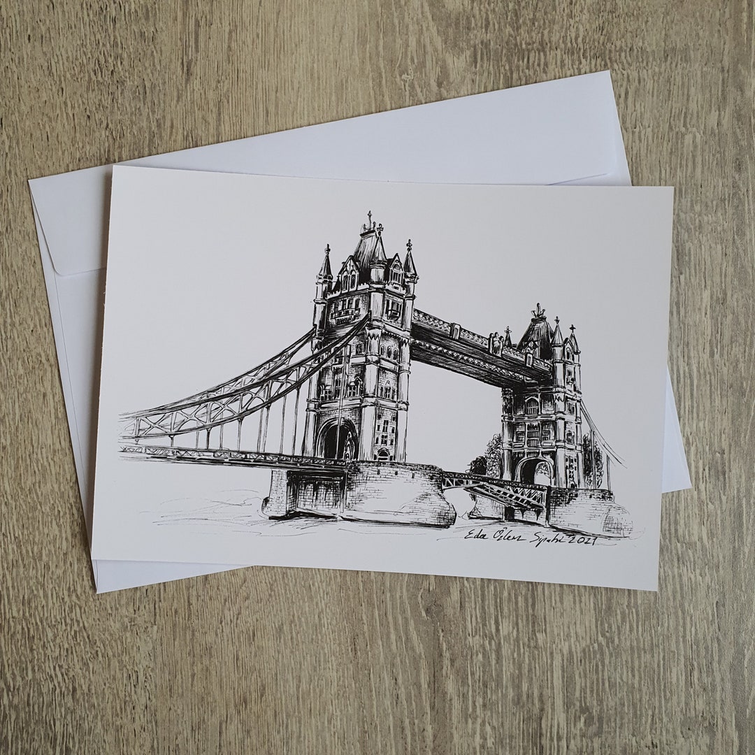 London Bridge Ink Drawing Postcard, Historical Landmark Illustration ...