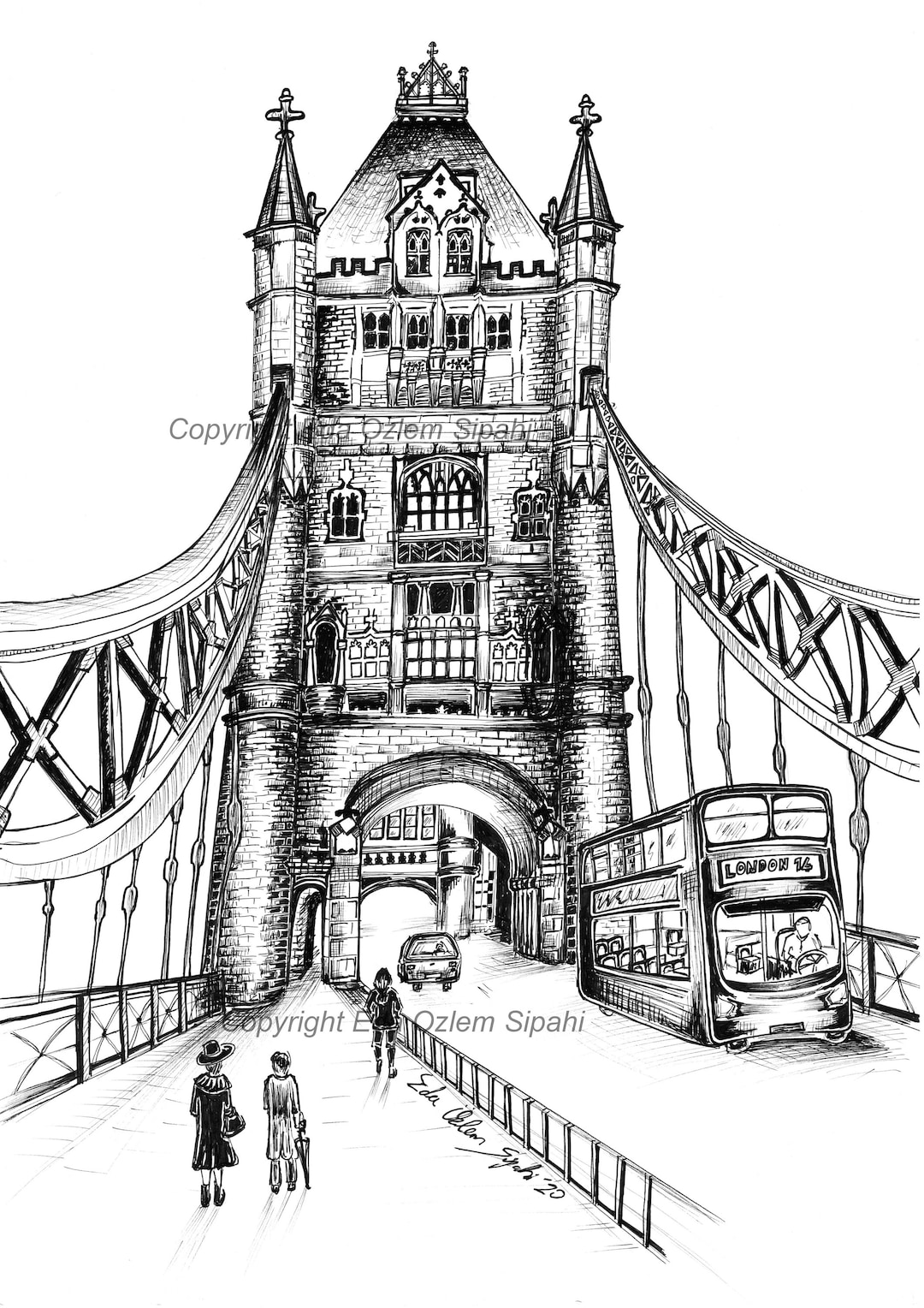 Tower Bridge, Artwork, Hand Drawing, Ink Pen Drawing, Giclee Print ...
