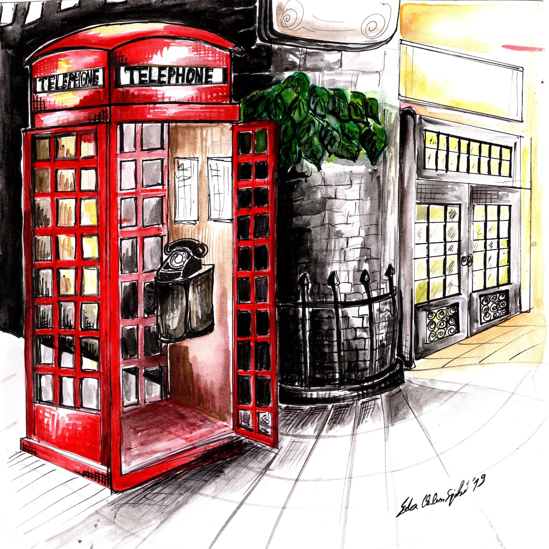 London Phone Booth Ink Watercolor Art Print, Cityscape Sketch Home ...
