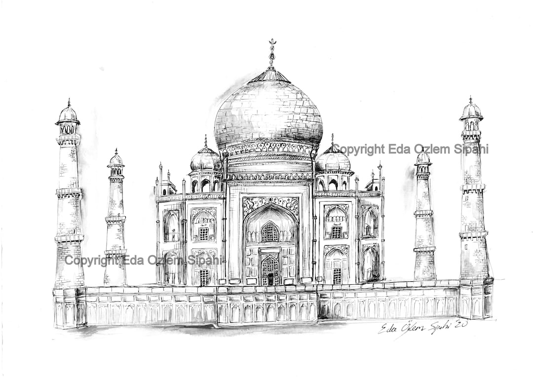 Taj Mahal Ink Pen Drawing, Agra India Architectural Sketch Print - Etsy