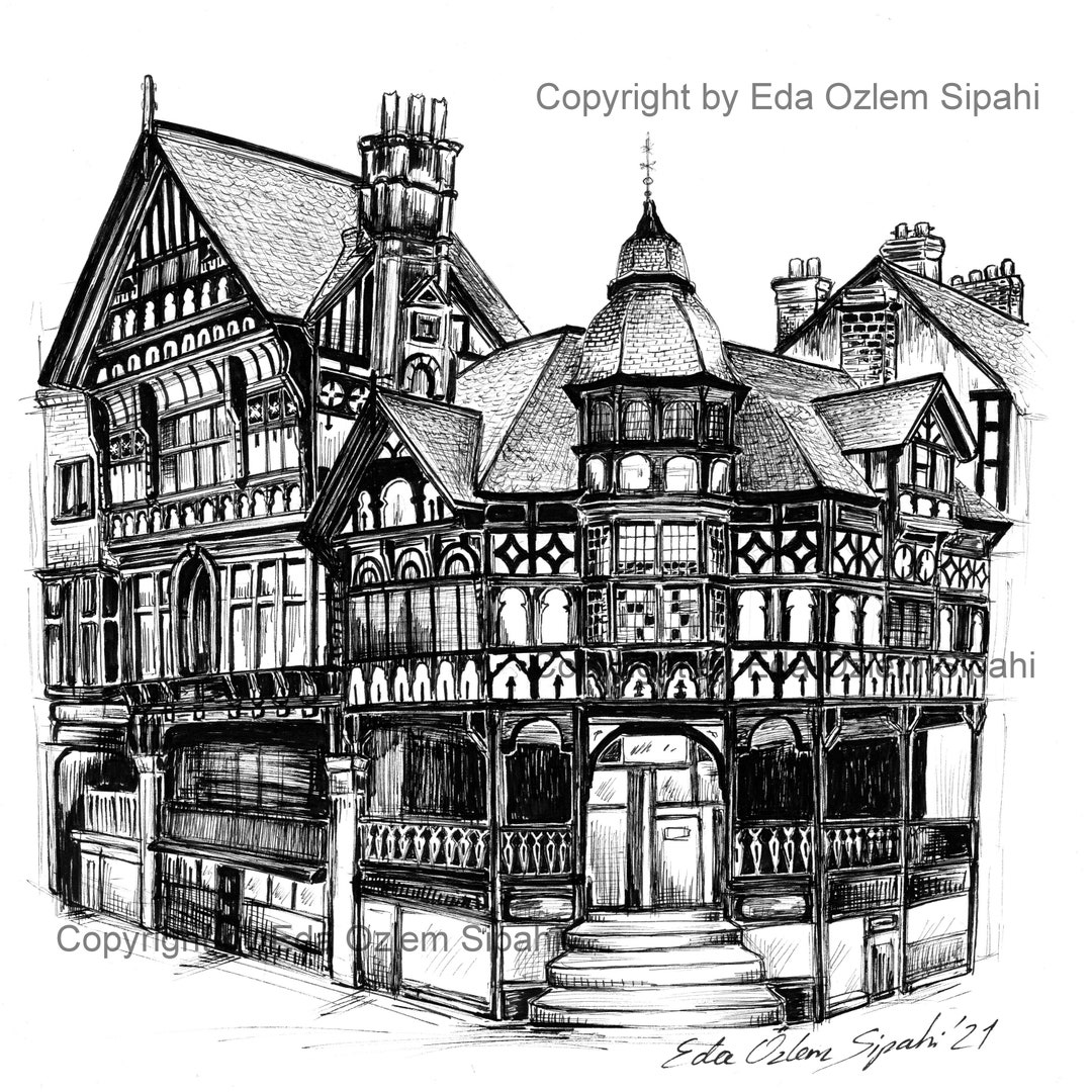 Chester, Artwork, Hand Drawing, Ink Pen Drawing, Giclee Print, England ...