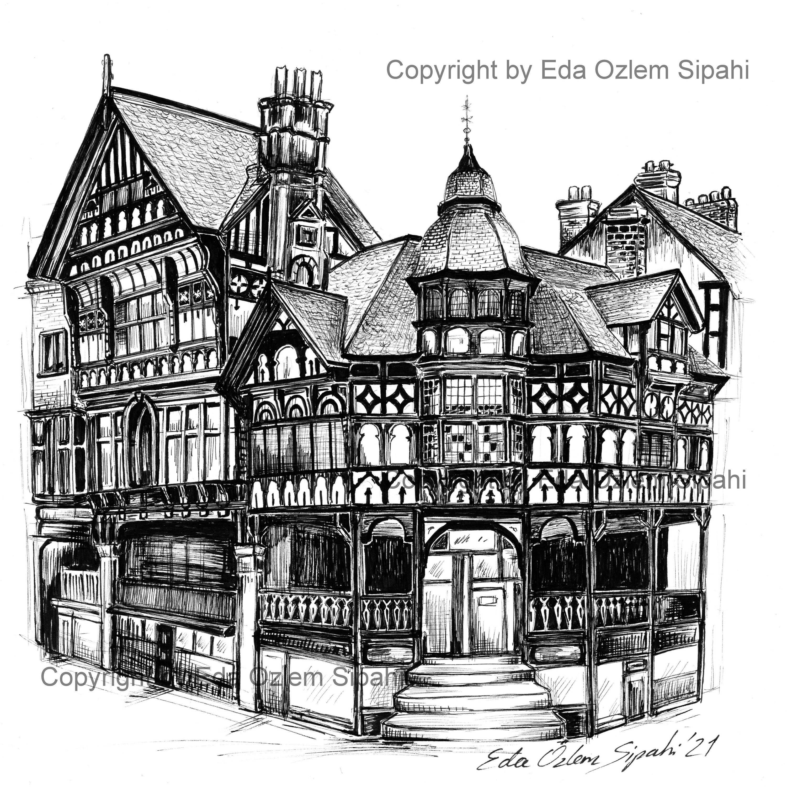 Chester England Architectural Ink Drawing Print, Historical Building ...