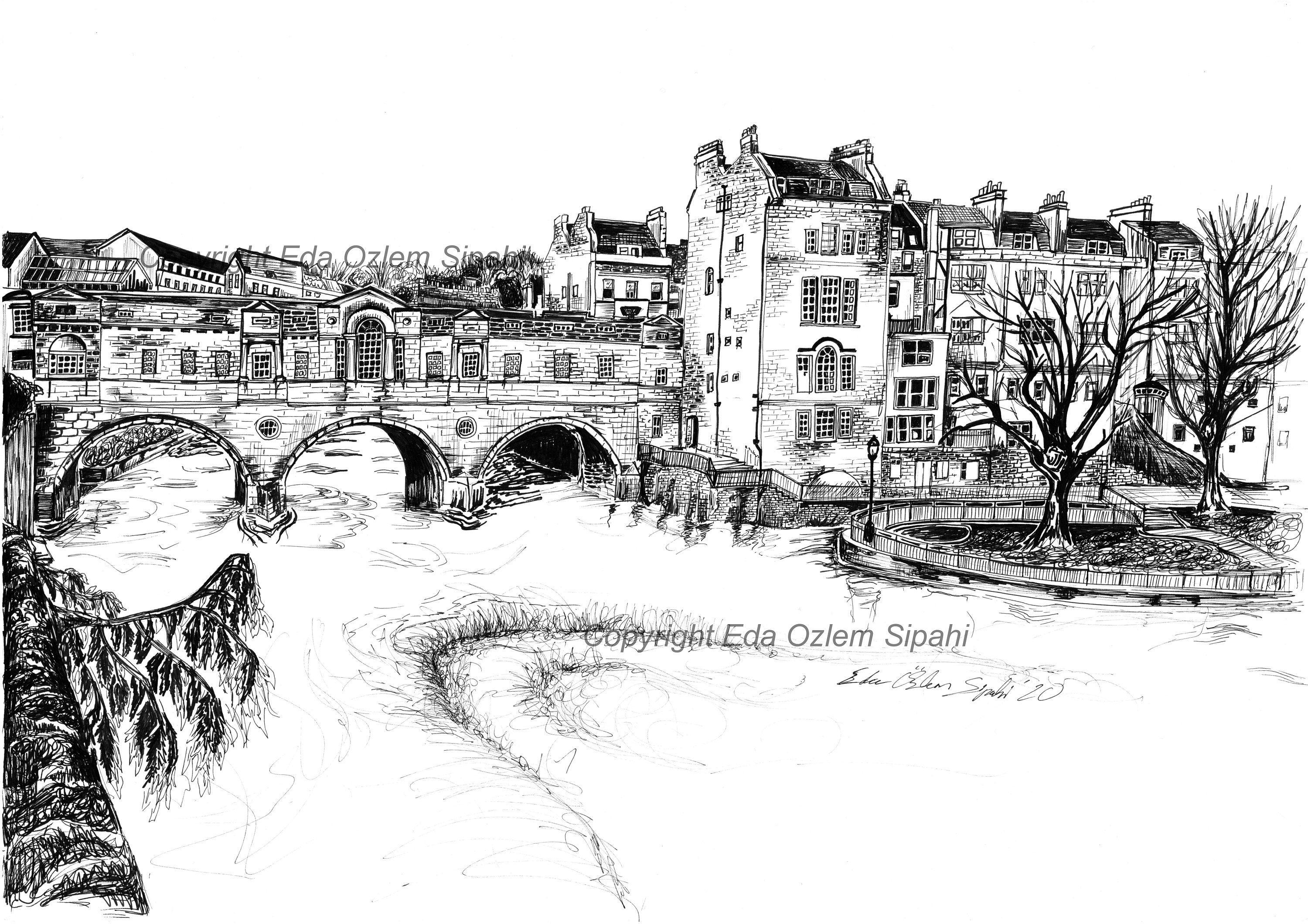 Bath Pulteney Bridge Ink Drawing Print, River Avon Architectural Sketch ...