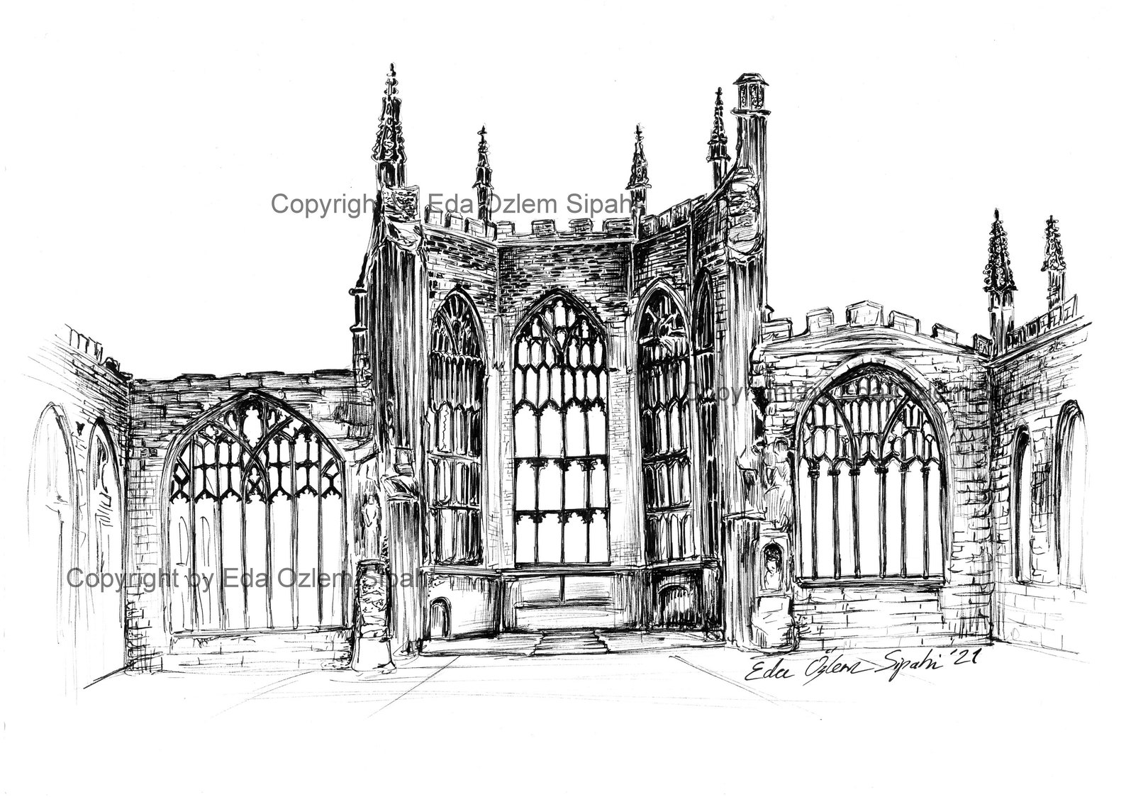 Coventry Old Cathedral, Artwork, Hand Drawing, Ink Pen Drawing, Giclee ...