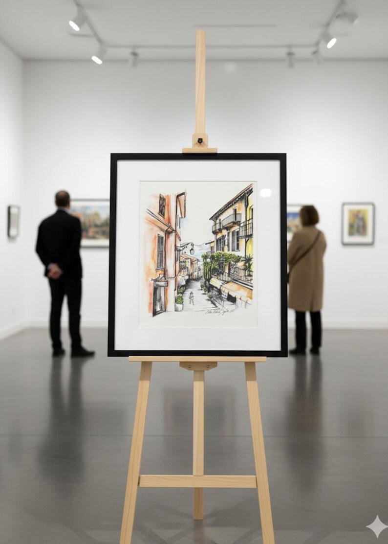 Bellagio Como Lake Ink Watercolor Drawing, Italy Architectural Sketch ...