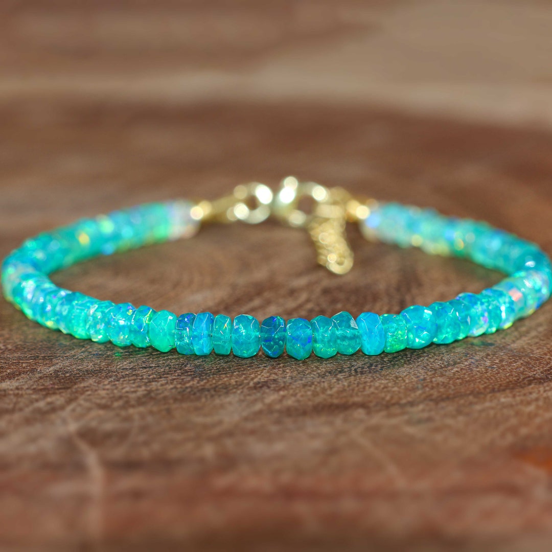 Natural Green Fire Ethiopian Opal Faceted Beaded Bracelet, Bracelet for ...