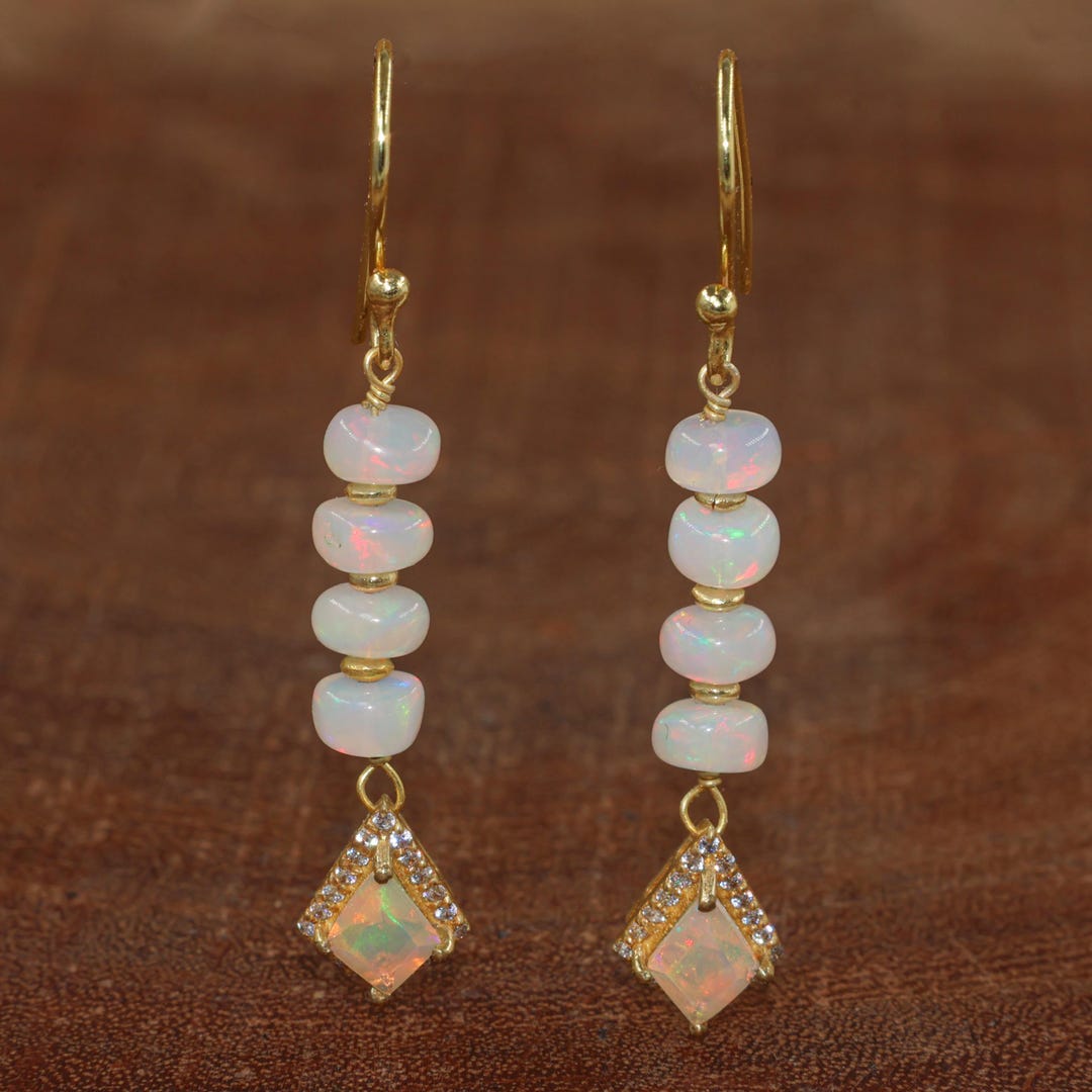 Ethiopian White Opal Gemstone Drop and Dangle Earrings, Natural Opal ...