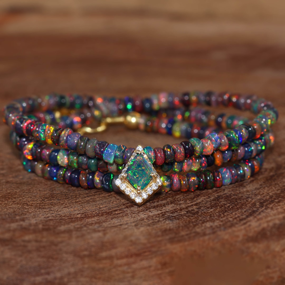 Natural Fire Black Opal Beaded Kite Cham Necklace for Women, AAA Ethiopian Multifire Opal Beaded ...