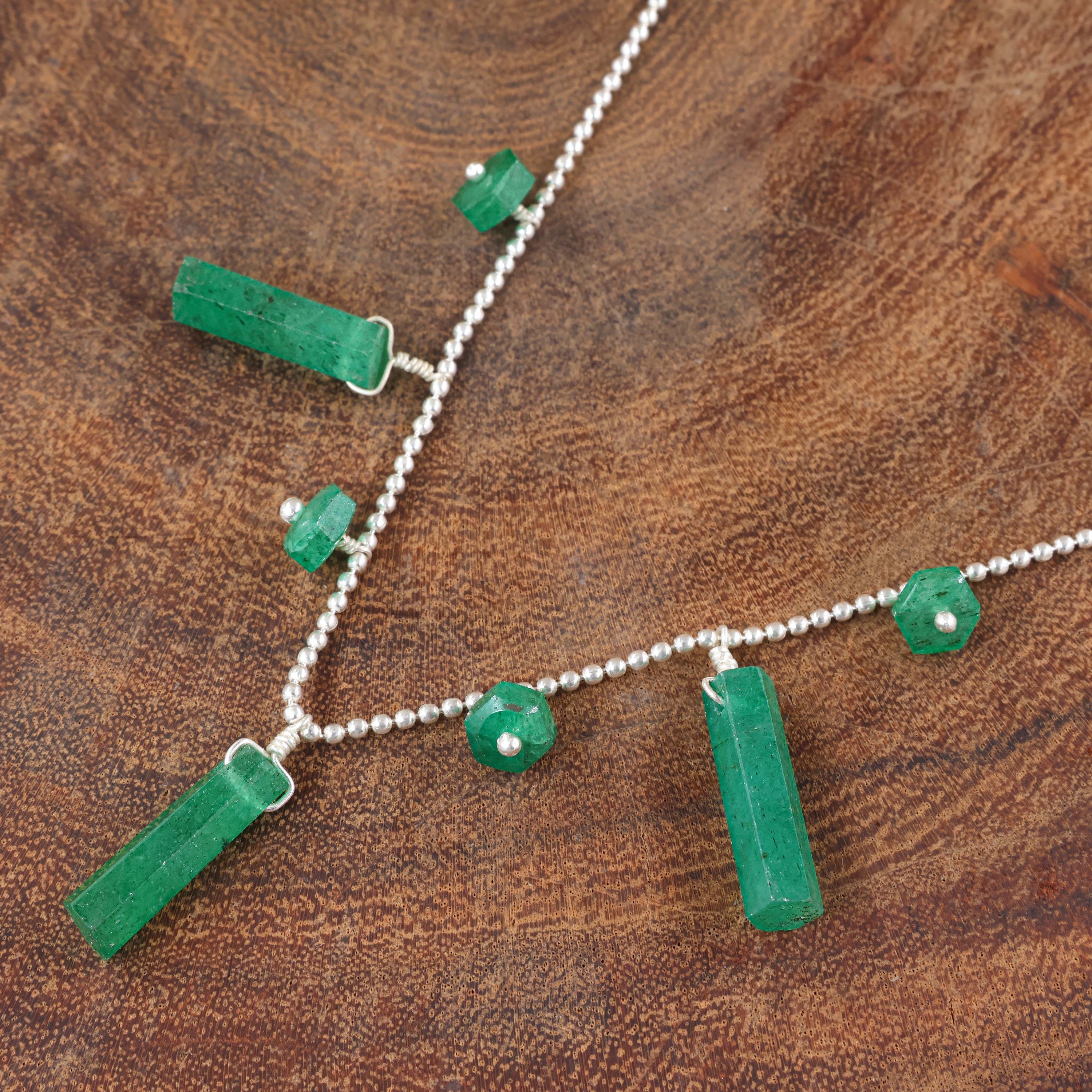 Natural Beryl Emerald Pendant, Chain Necklace, 925 Sterling Silver ...