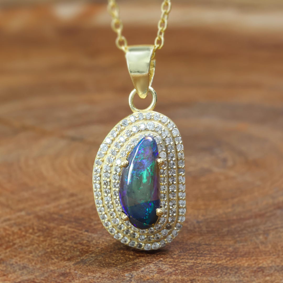 Fancy Shape Black Opal Gemstone Pendant Necklace, Genuine Black Opal ...