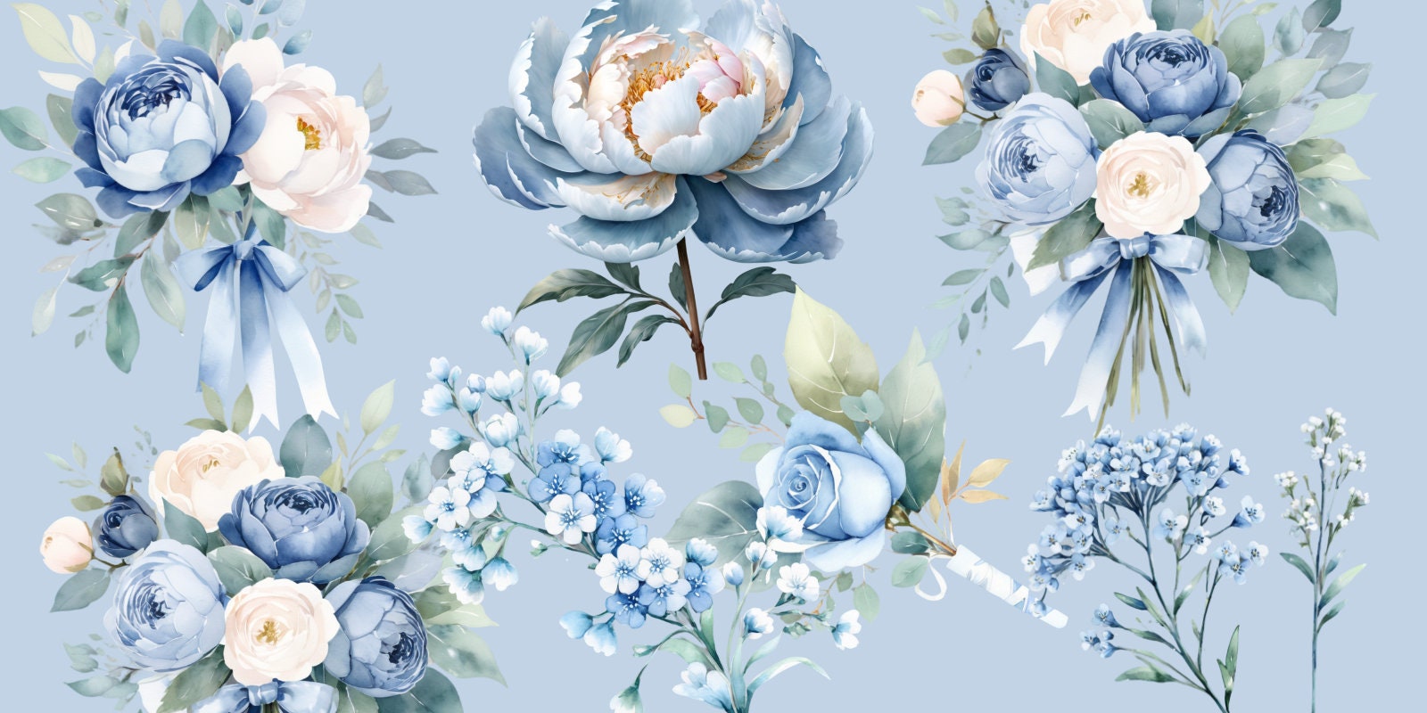 Dusty Blue Floral Clipart Light Blue Wedding Clipart Blue Bouquet Wedding Clipart Baby Shower ...