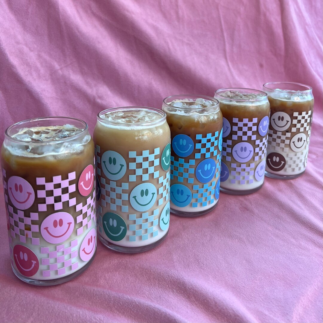 Smiley Face Checkered Print Glass - Etsy
