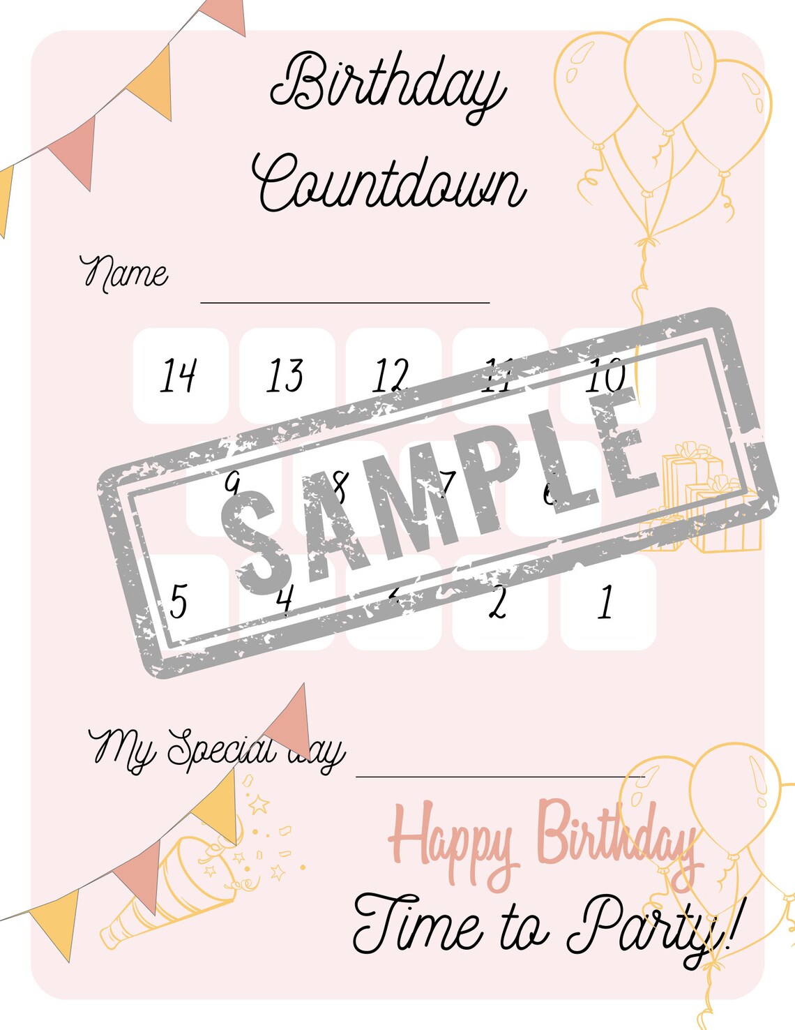 Printable Birthday Countdown Calendar. Birthday Countdown Card. Balloon ...